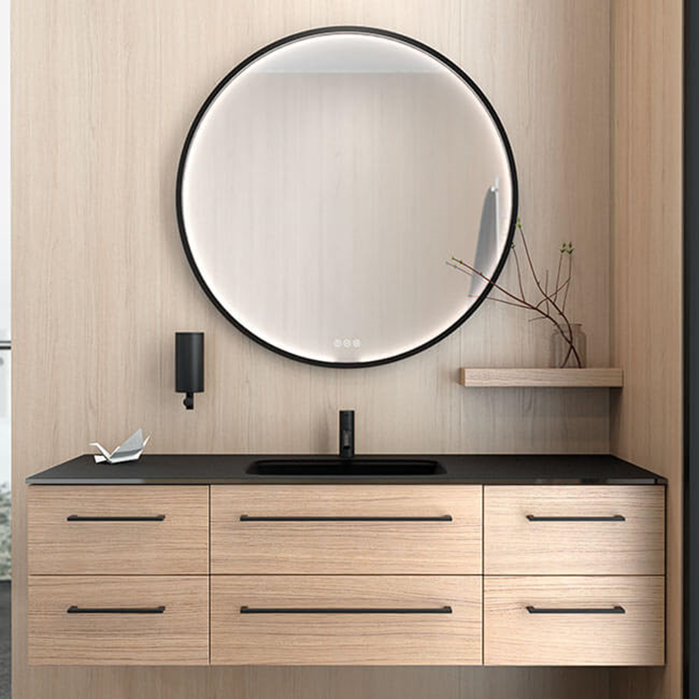 Dansani You Moon rundt spejl ø90 cm med lys og lysstyring, sort ramme,