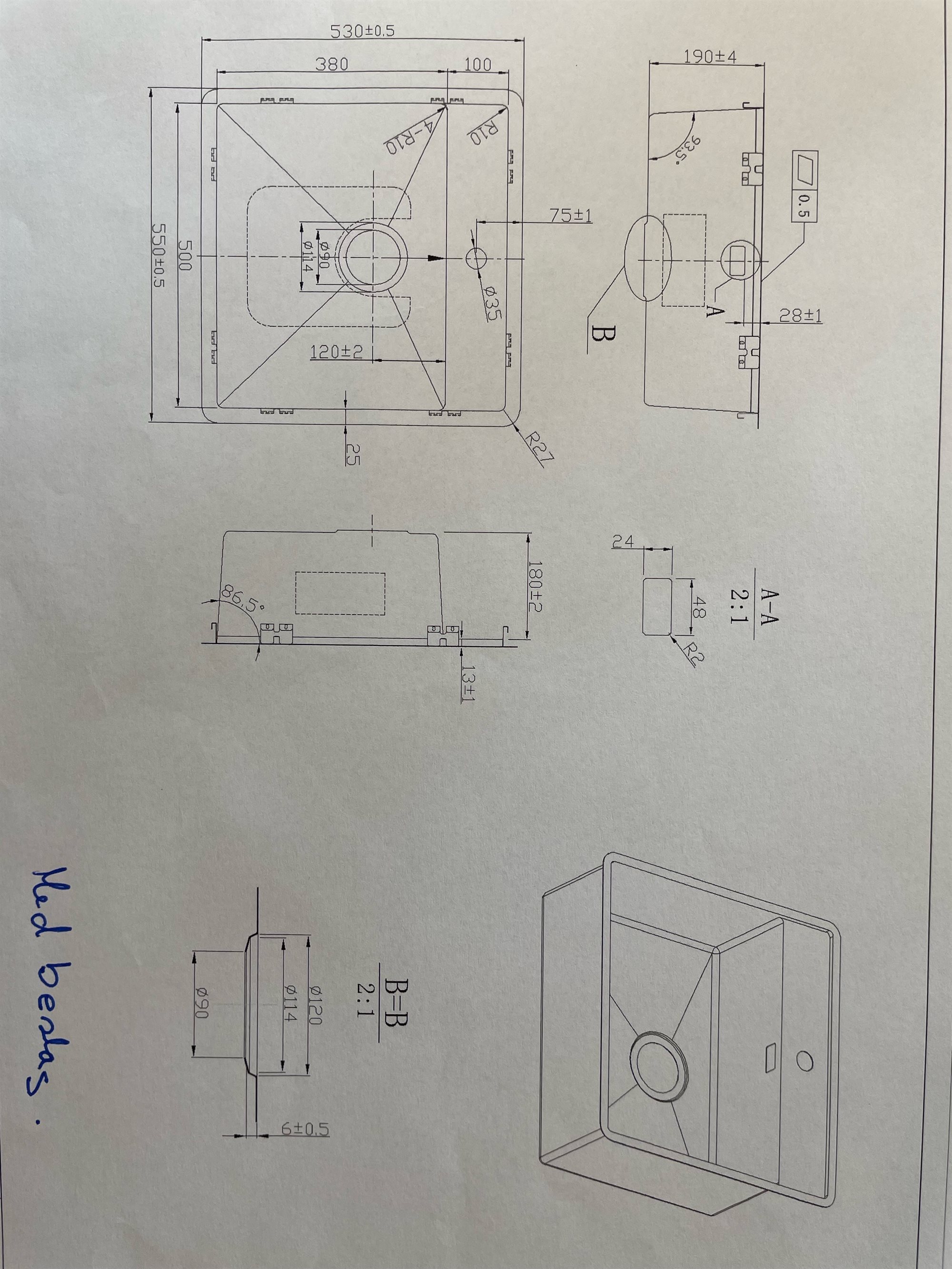 Secher Kolding 500 BK1 MB køkkenvask 550 x 530 mm. Rustfrit stål