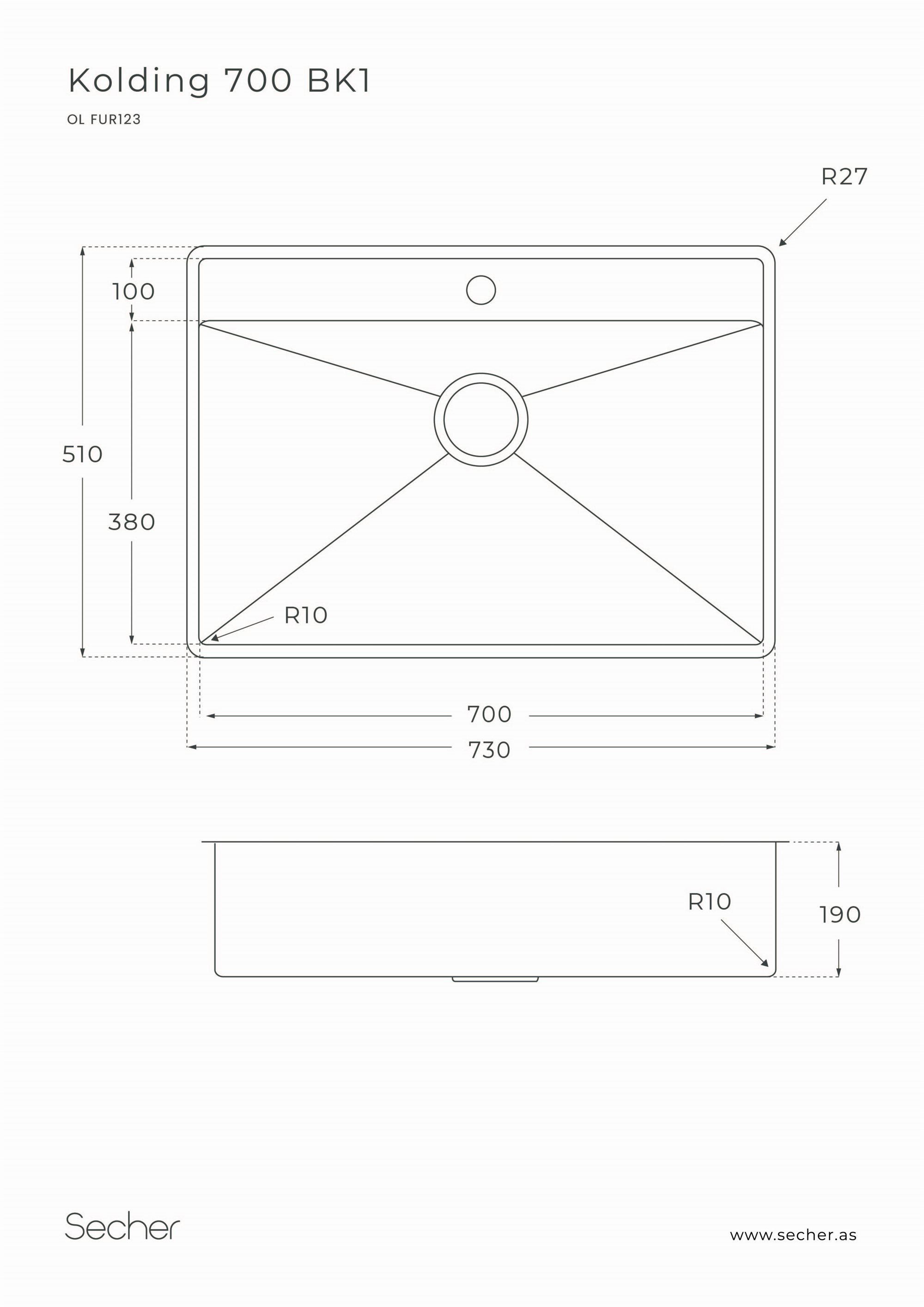 Secher Kolding 700 BK1 køkkenvask 730 x 510 mm til underlimning ...