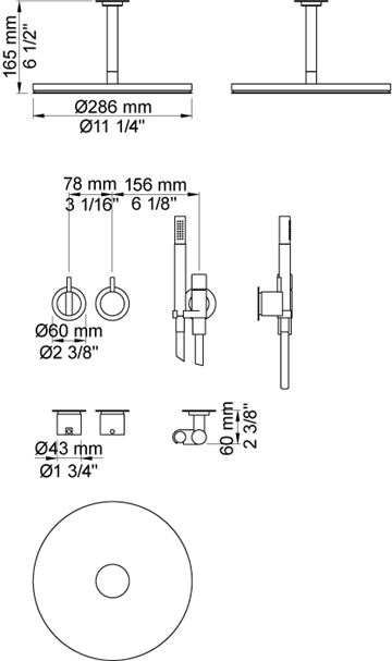 Vola 2471-061A brusearmatur med loftsbruser - Børstet krom