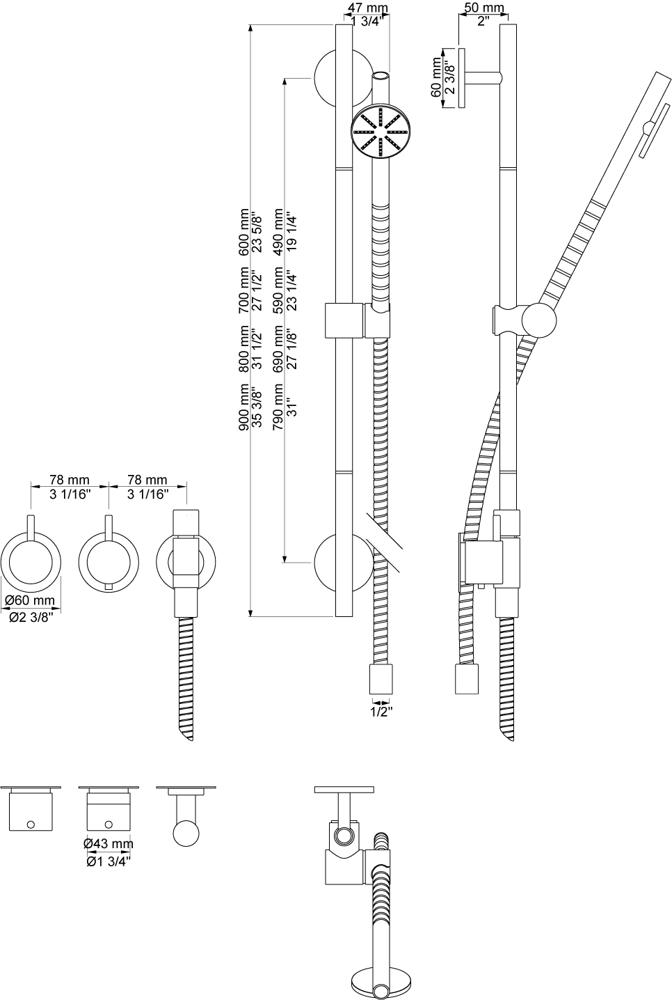 Vola 5171S-T65 termostat indbygnings brusebatteri med brusesæt T65 - Vælg farve