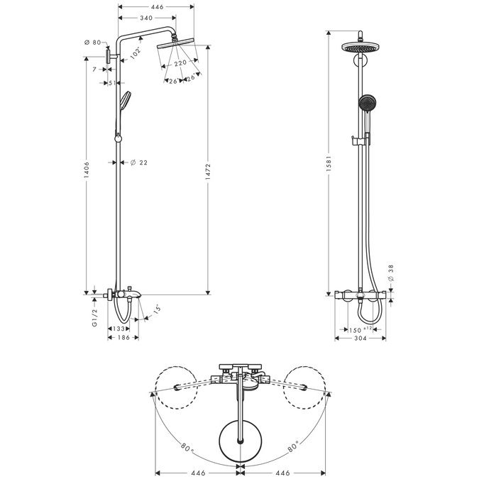 Hansgrohe Croma 220 Showerpipe til badekar/brus - krom